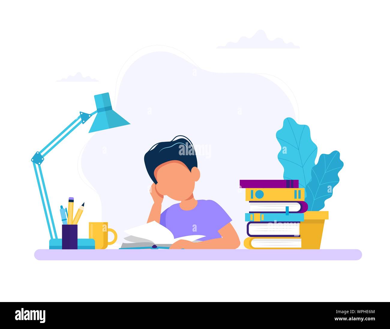 Boy studying with a book. Concept illustration for education. Vector ...