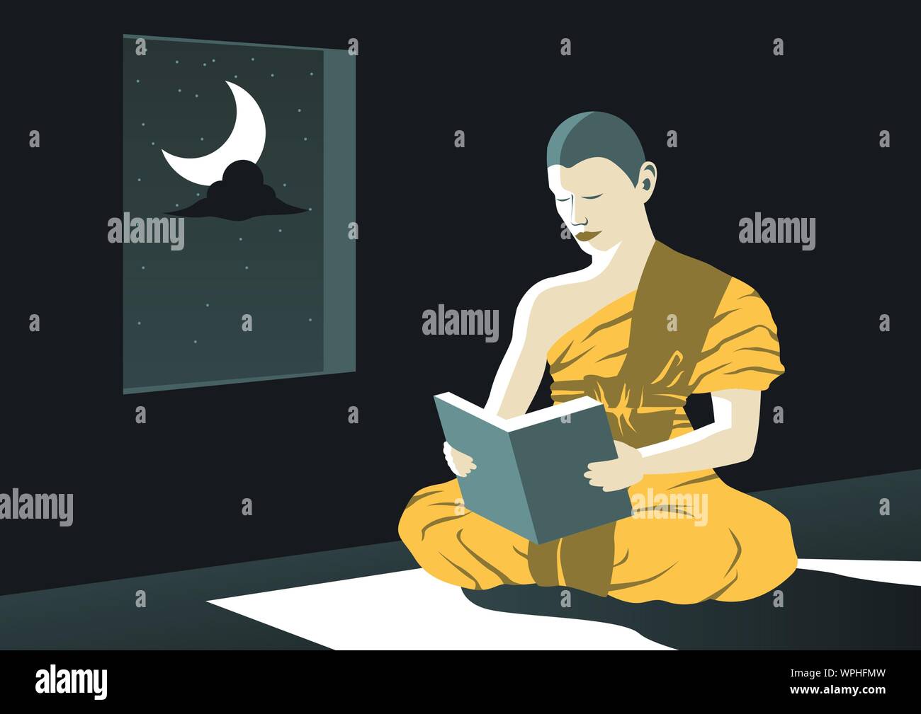 monk read Dharma book at night in temple to study Buddha teach to be ...