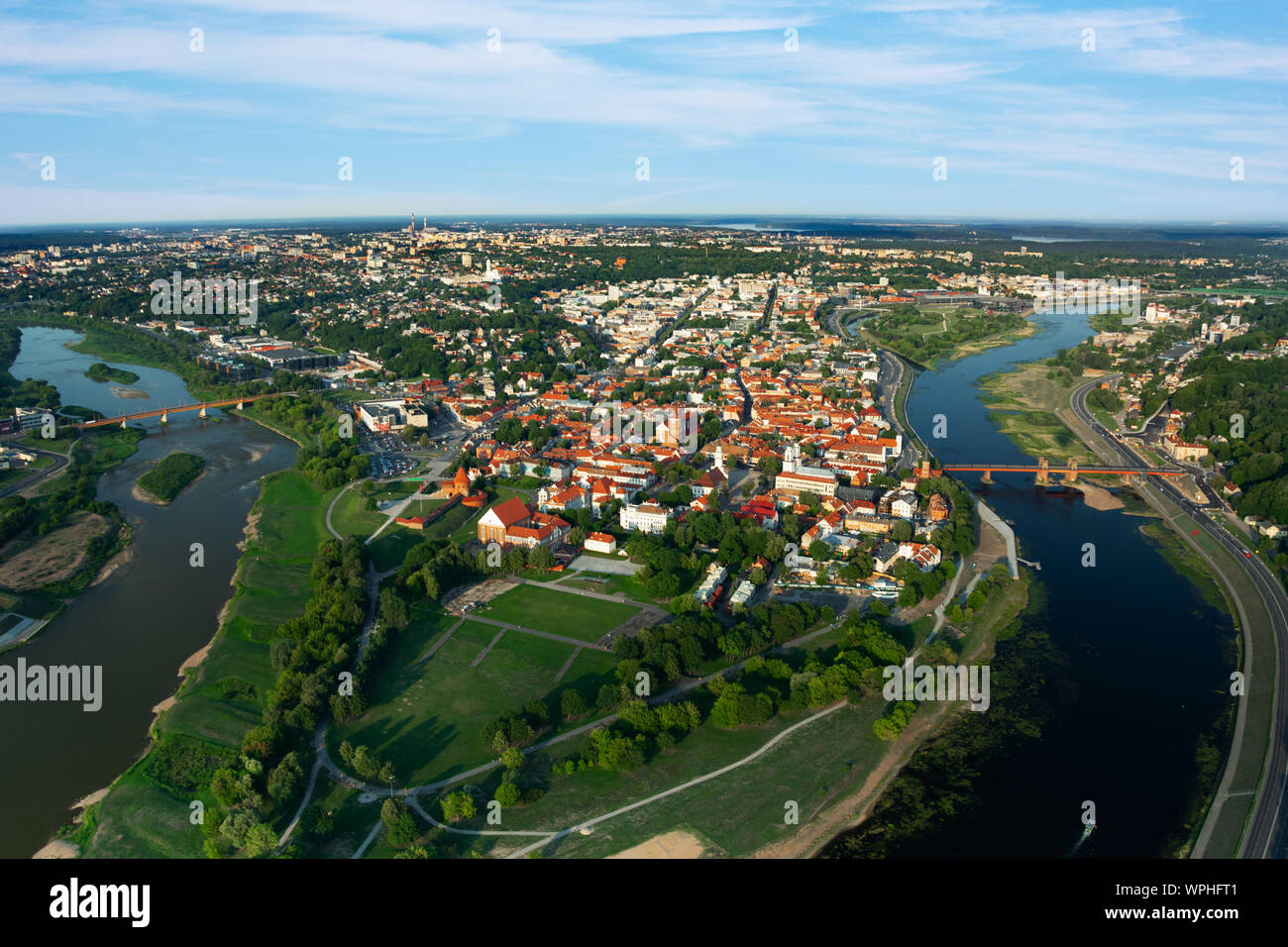 Aerial view of Kaunas city, captured during hot air balloon flight in ...