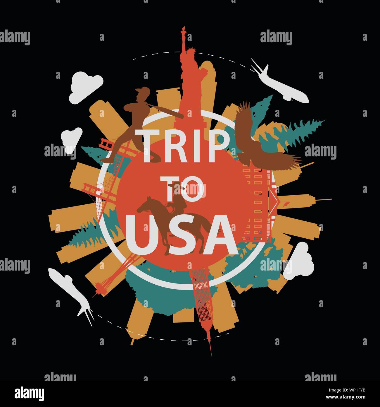 USA famous landmark silhouette overlay style around text,vintage design ...