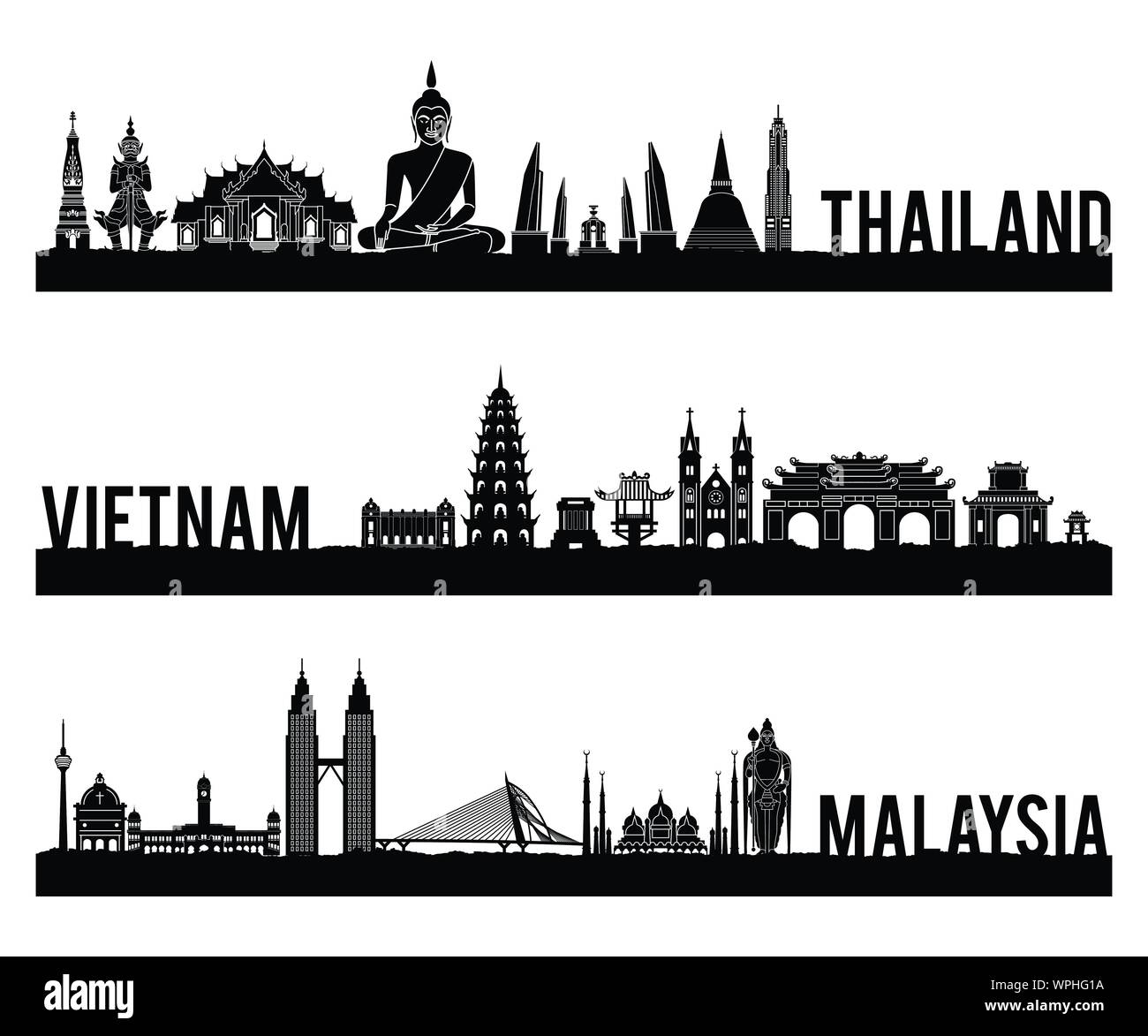 Thailand Vietnam and Malaysia famous landmark silhouette style with ...