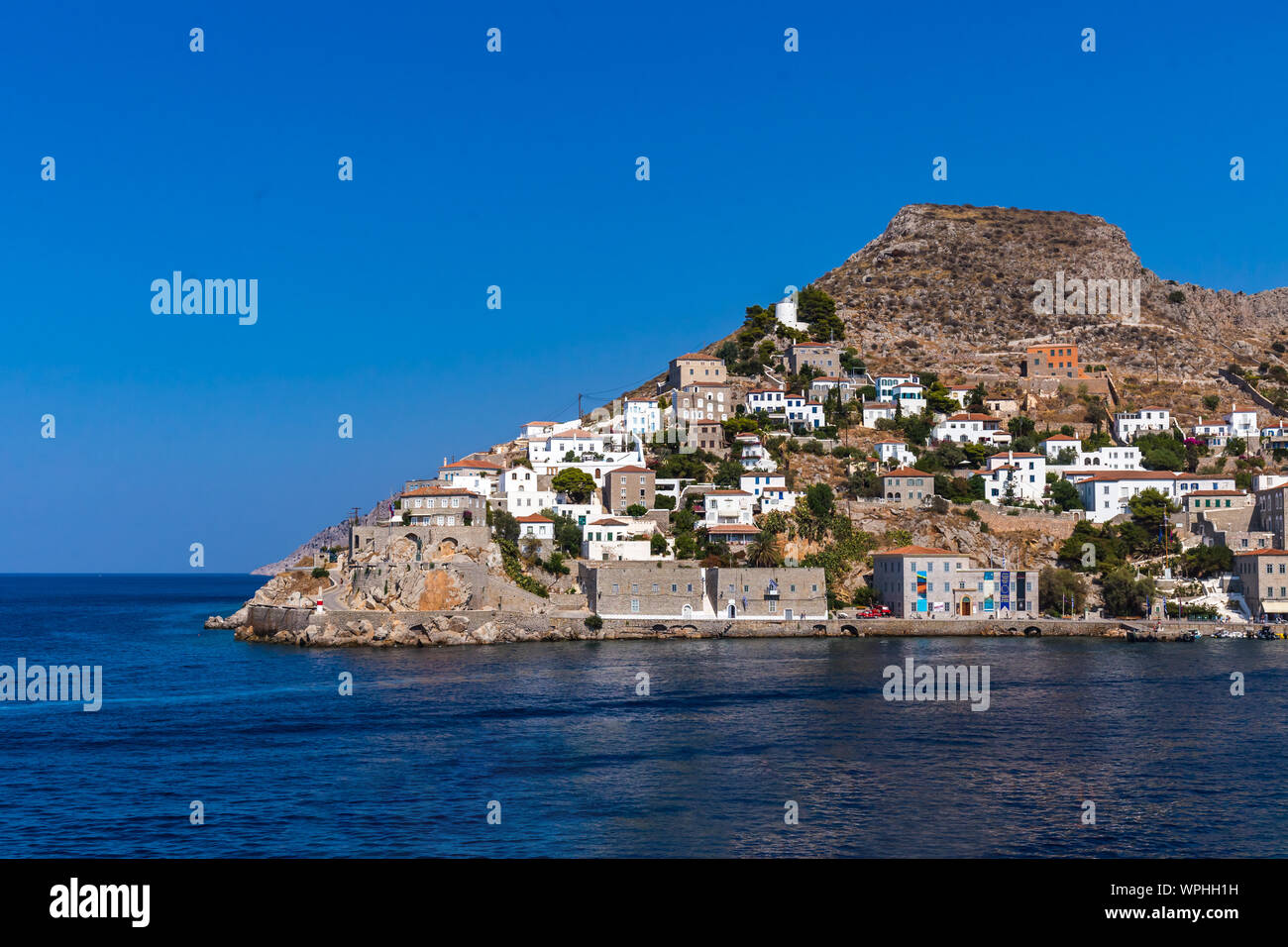 Beautiful Greek landscape of Harbour Hydra Town. Hydra is one of the ...