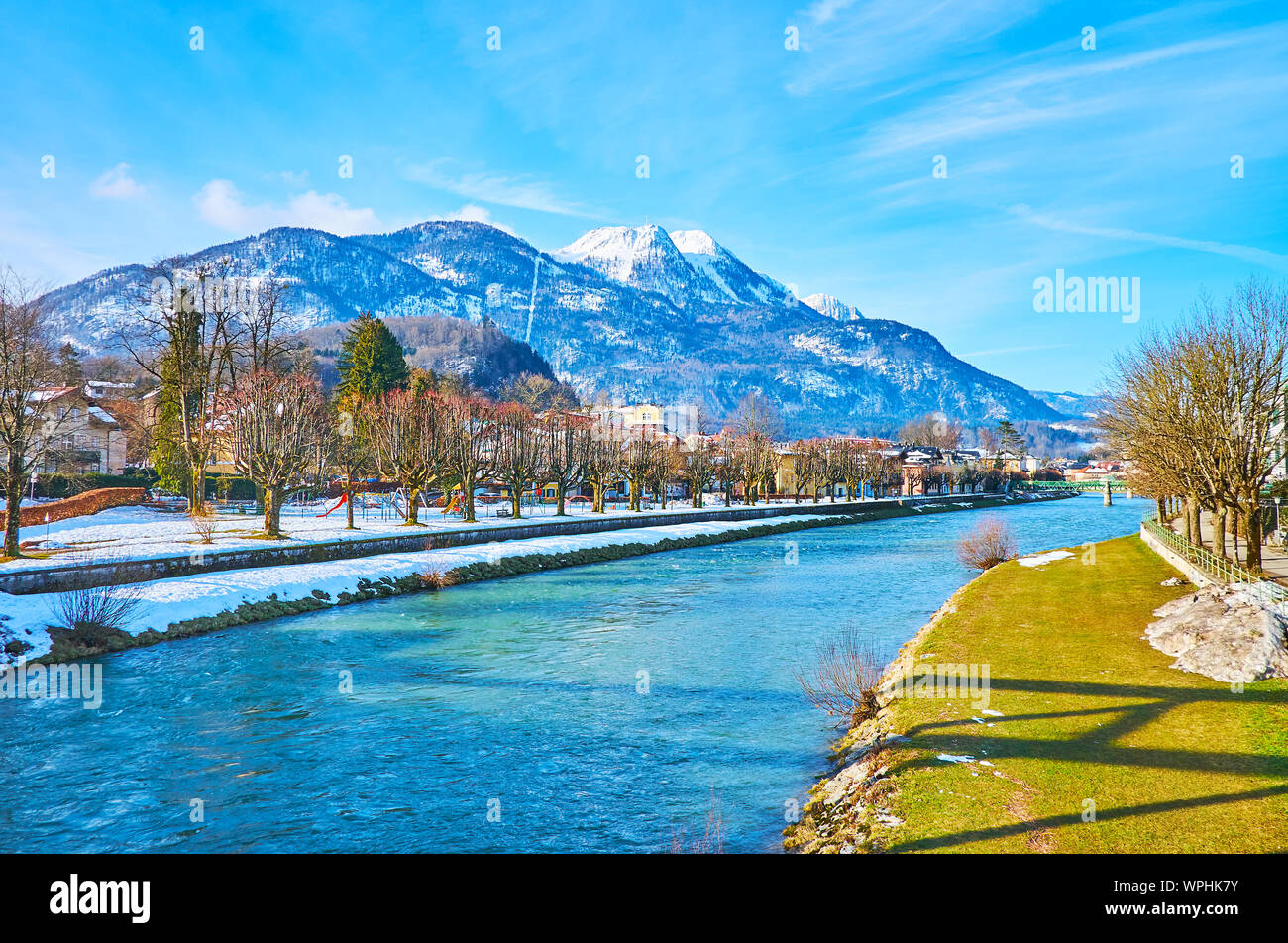 Bad Ischl railway bridge overlooks the scenic banks of Traun river ...