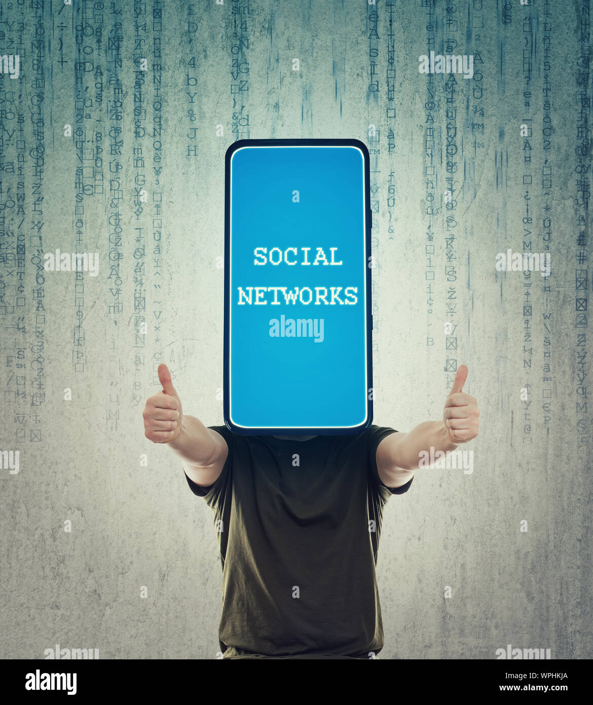 Obsessed phone headed man showing thumbs up. Social networks addiction ...