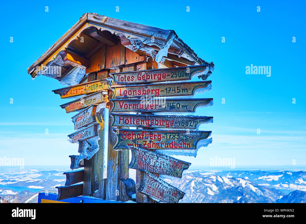 The vintage wooden direction signboard, covered with hoarfrost ...