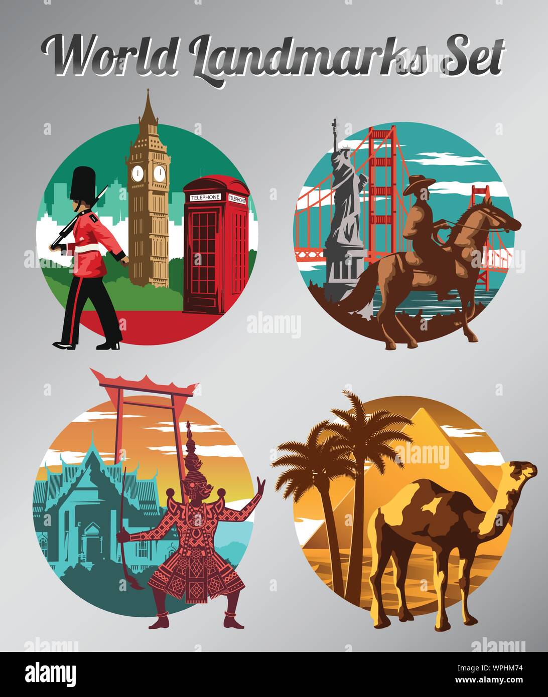 Set of famous landmark and symbol of England,Thailand,USA and Egypt ...