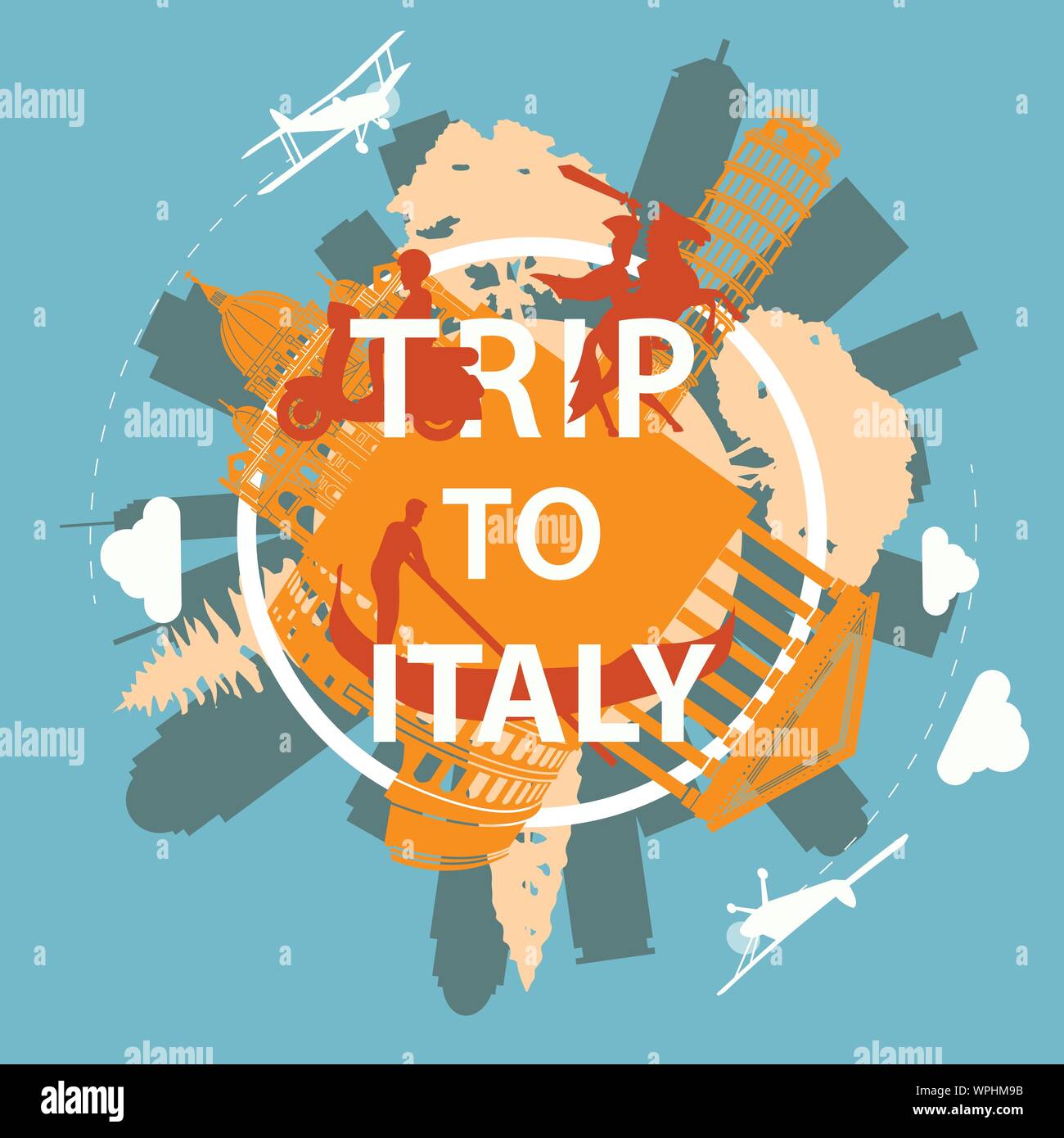 Italy famous landmark silhouette overlay style around text,vintage ...