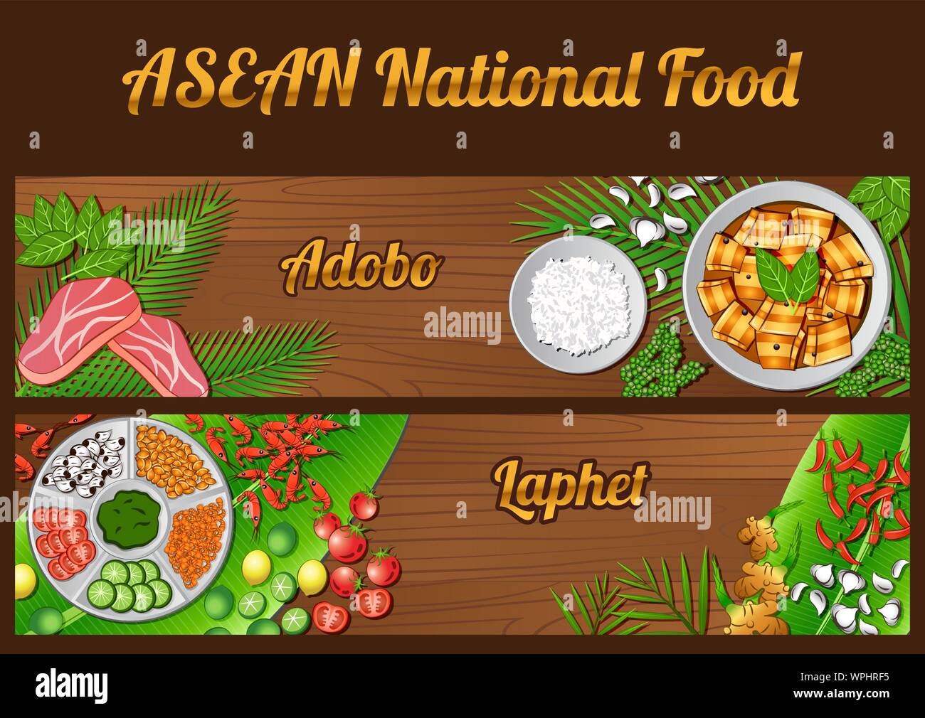Asean National food ingredients elements set banner on wooden ...