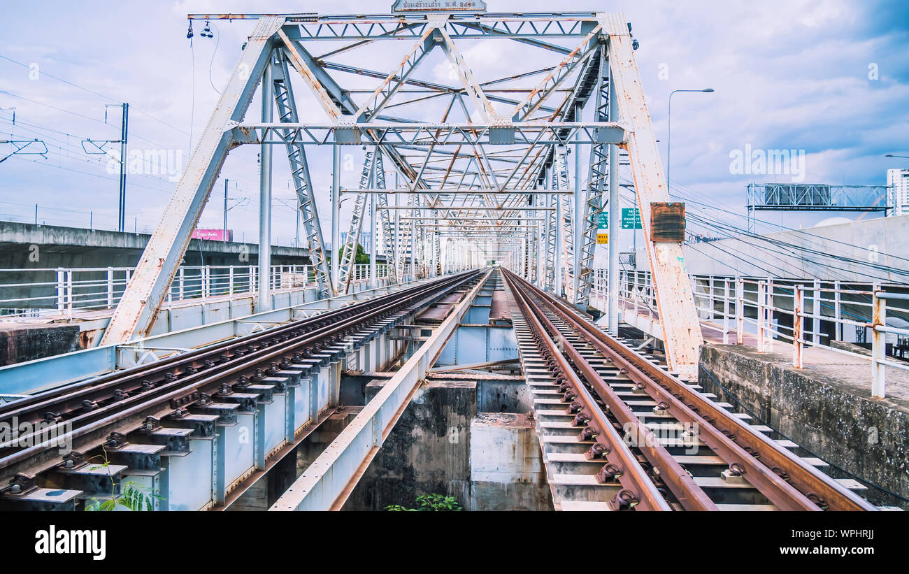 Train trestle bridge over river . the railway bridge of iron Stock ...