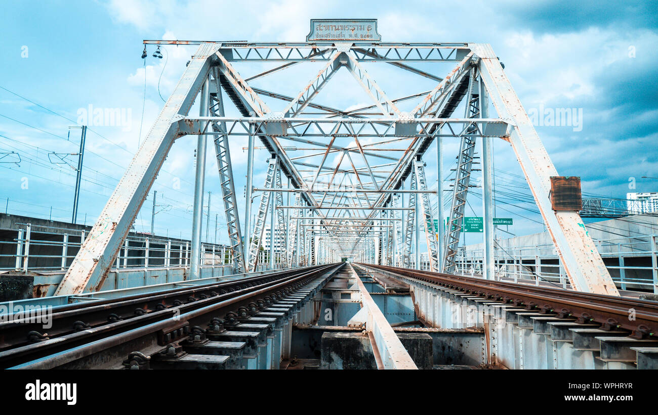 Train trestle bridge over river . the railway bridge of iron Stock ...