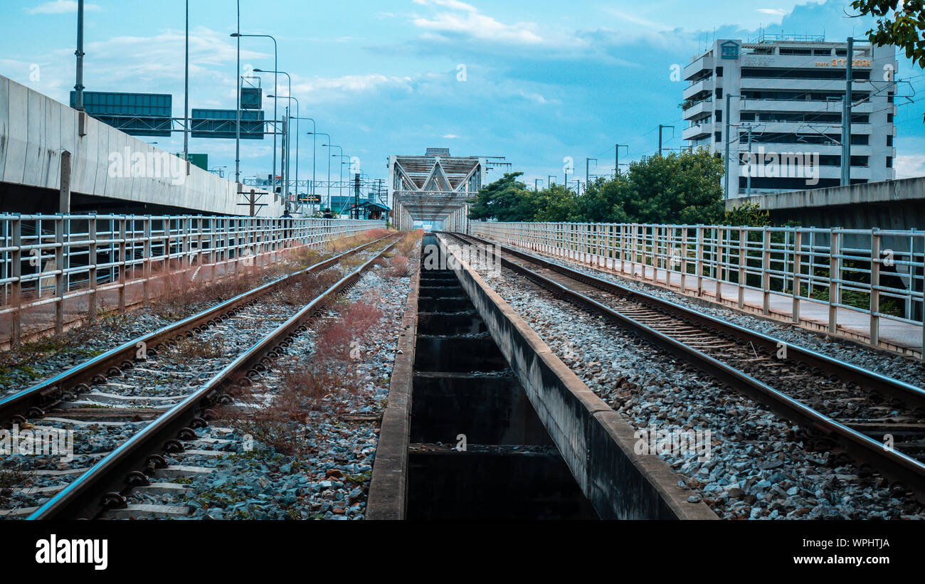 Empty railway with no train and people, selective focus and vintage ...