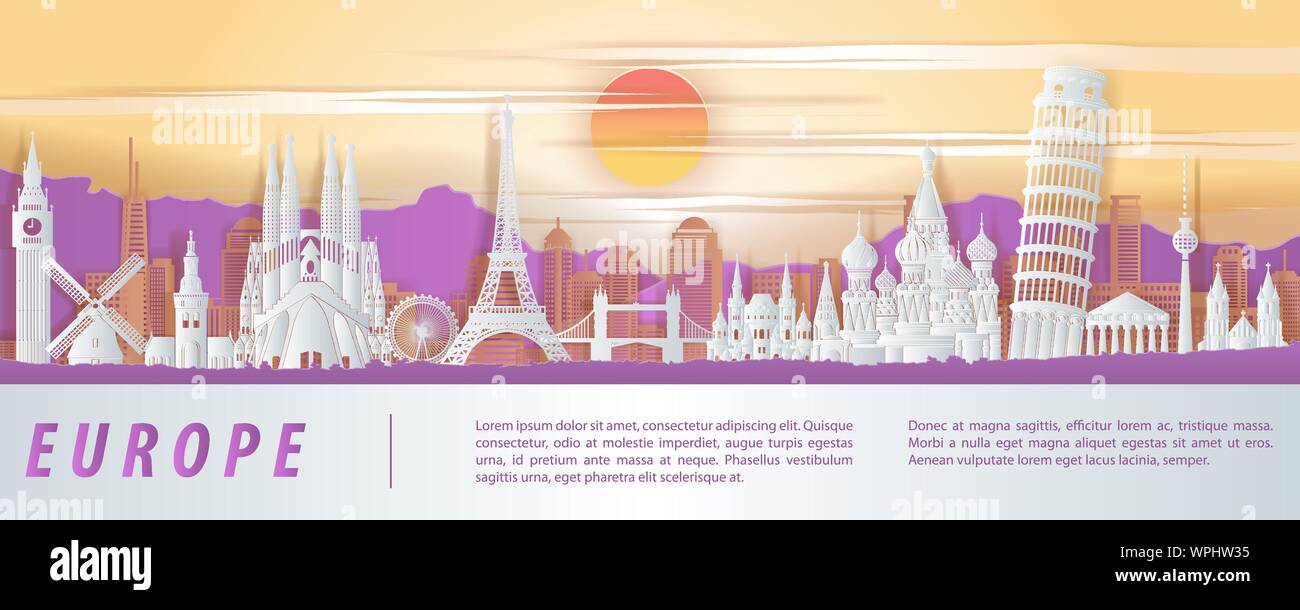 Europe famous landmark paper cut style with purple orange and white ...