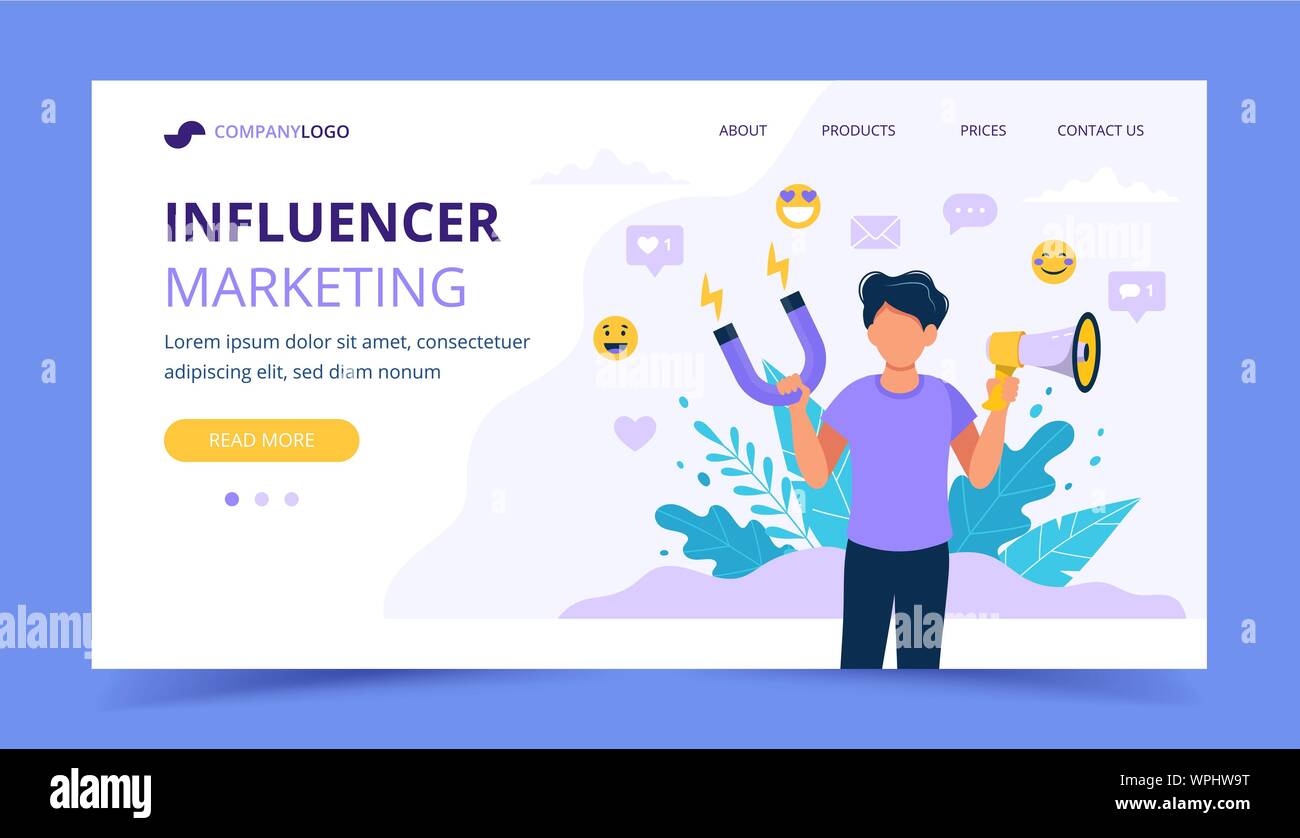 Influencer marketing landing page with man holding megaphone and magnet ...