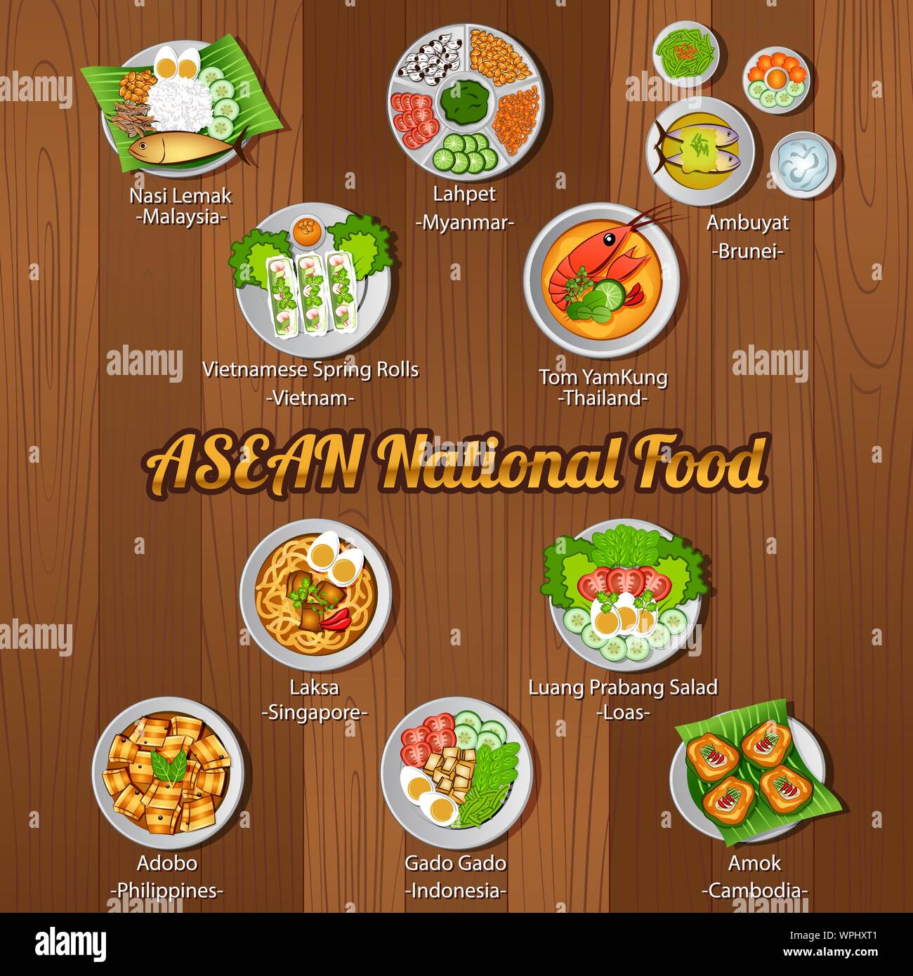 ASEAN national delicious and famous food.with wooden background,vector ...