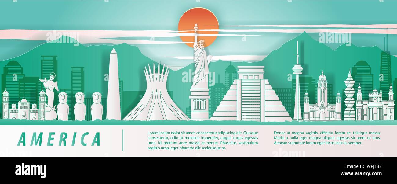 america famous landmark paper art style with green and white color ...