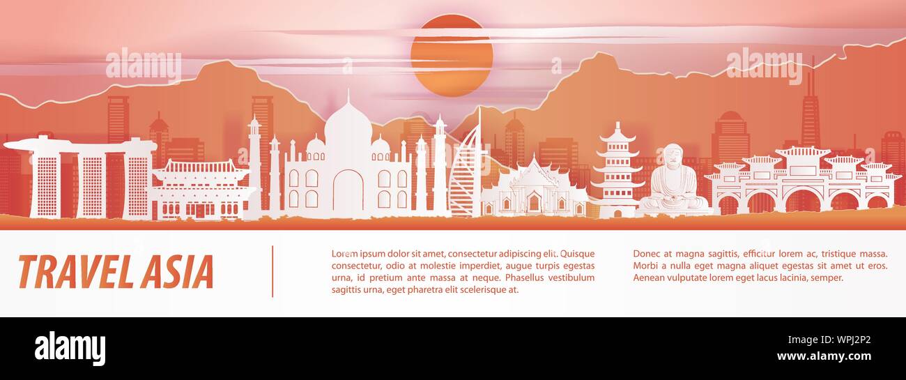 Asia famous landmark paper art with orange red color design,vector ...