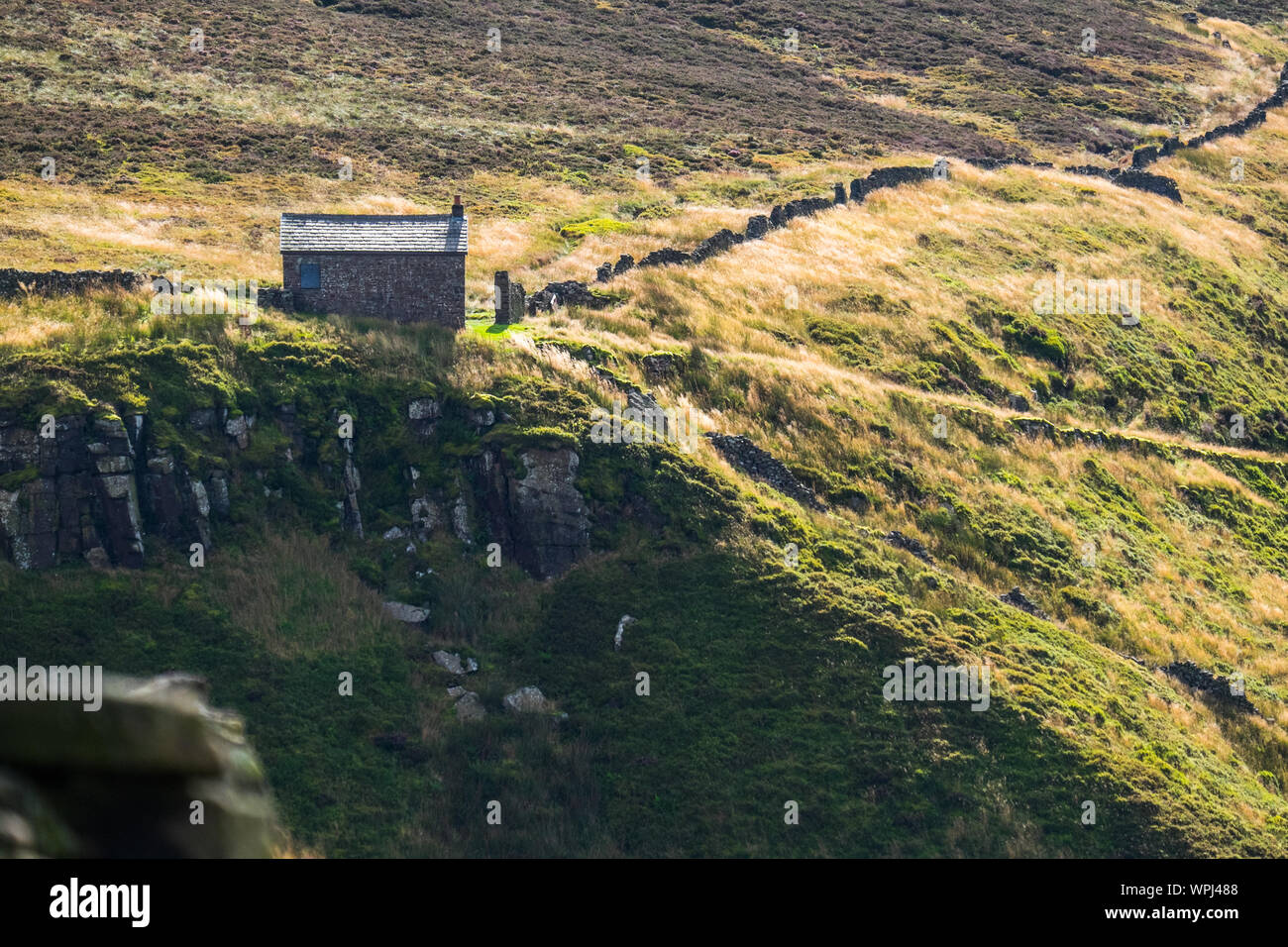 Shooting cabin on the edge of moorland, Combs Moss, Peak District ...