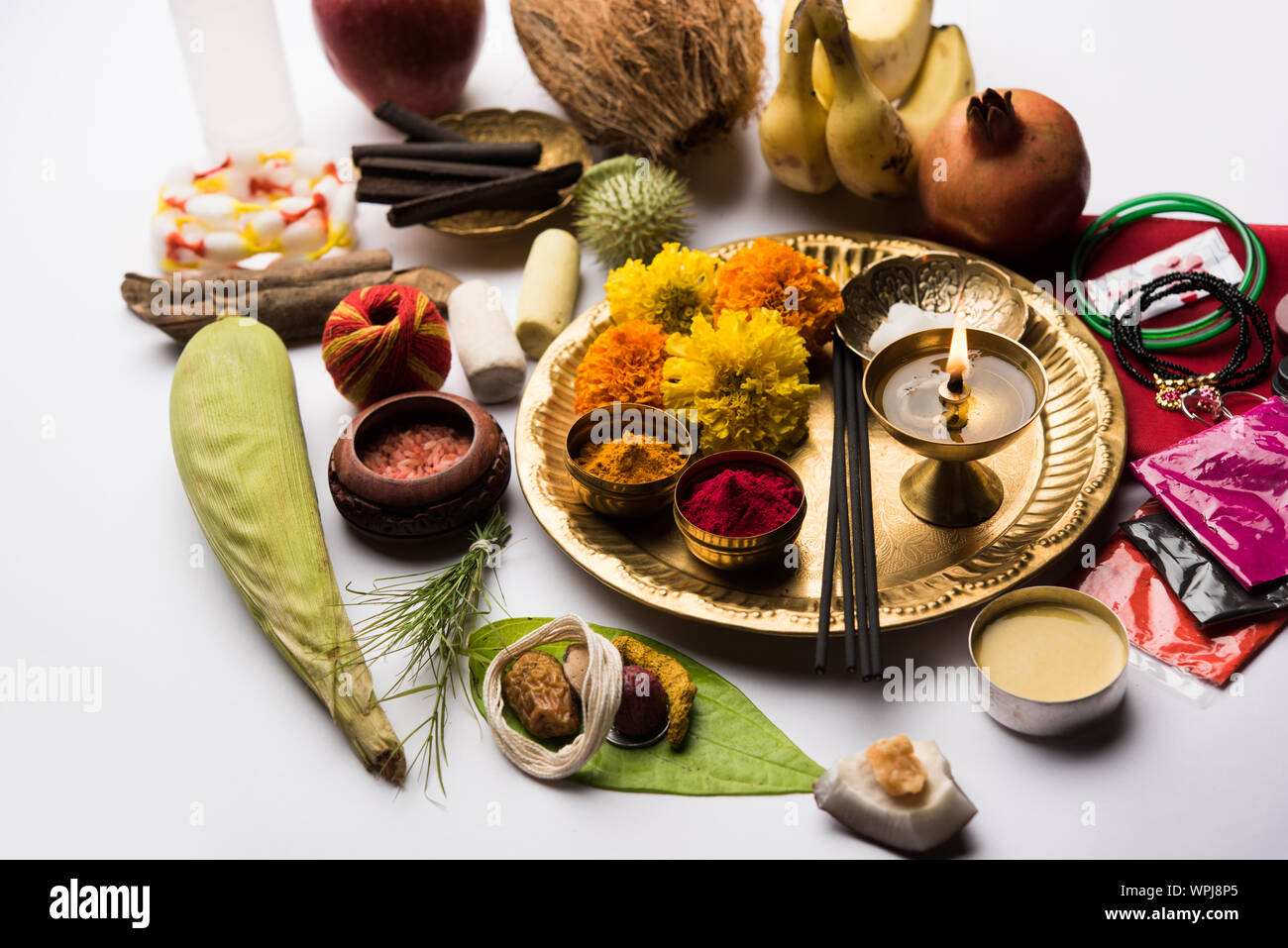 Pooja Material / Puja Sahitya in Hindu Religion from India, arranged in ...