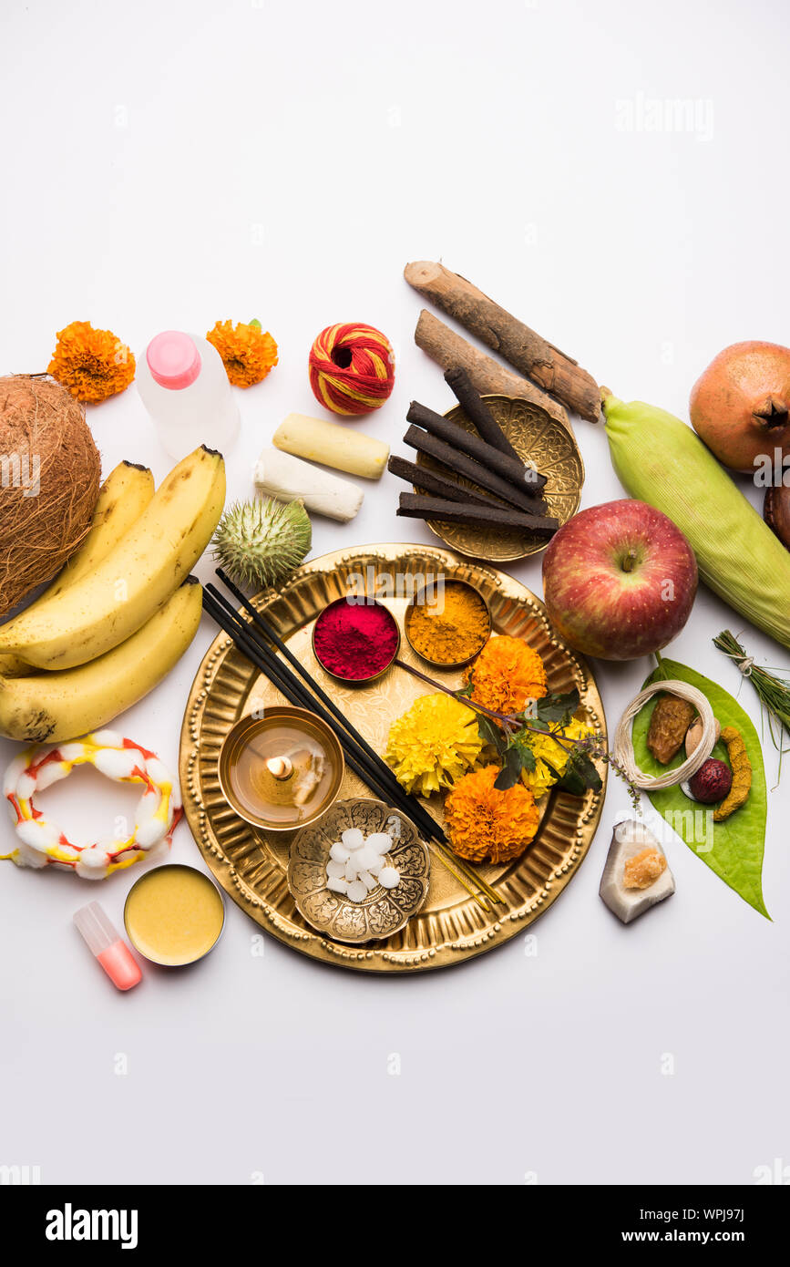 Pooja Material / Puja Sahitya in Hindu Religion from India, arranged in ...