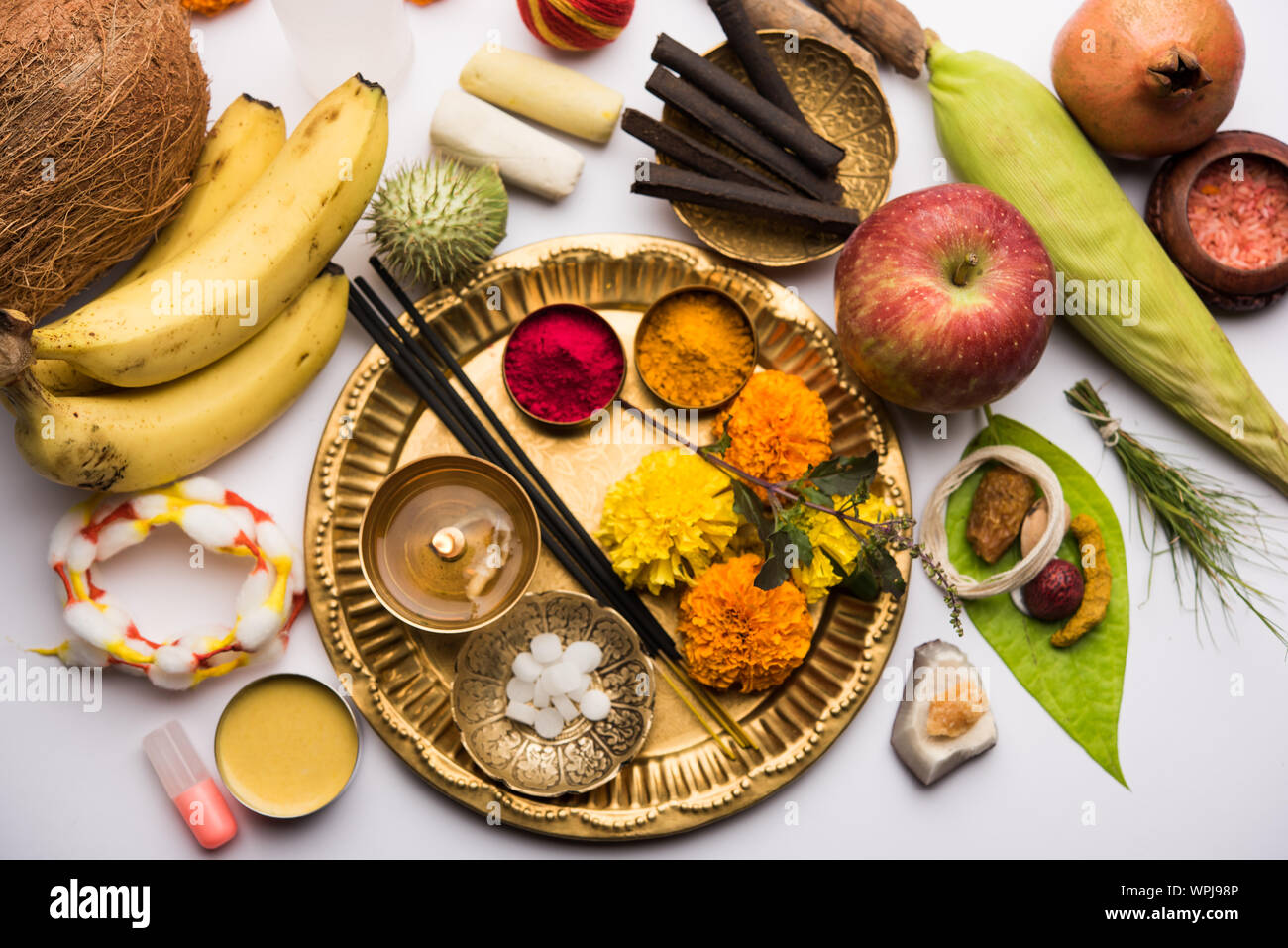 Pooja Material / Puja Sahitya in Hindu Religion from India, arranged in ...