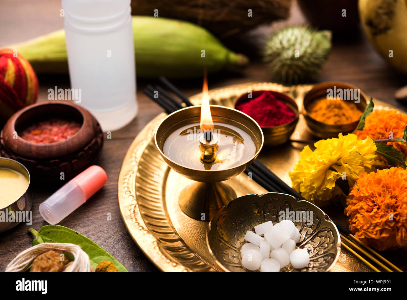 Pooja Material / Puja Sahitya in Hindu Religion from India, arranged in ...
