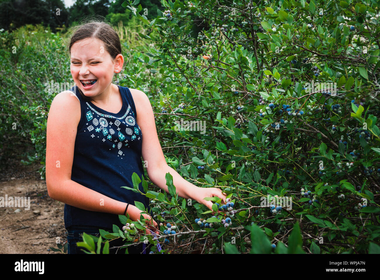 Girl Laughing as She Tastes a Freshly Picked Blueberry Stock Photo - Alamy