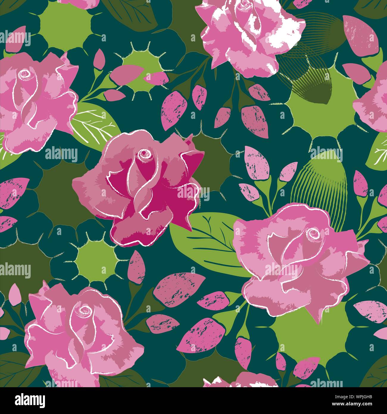 Hand Drawn Roses In Floral Repeated Vector Surface Pattern On Green ...