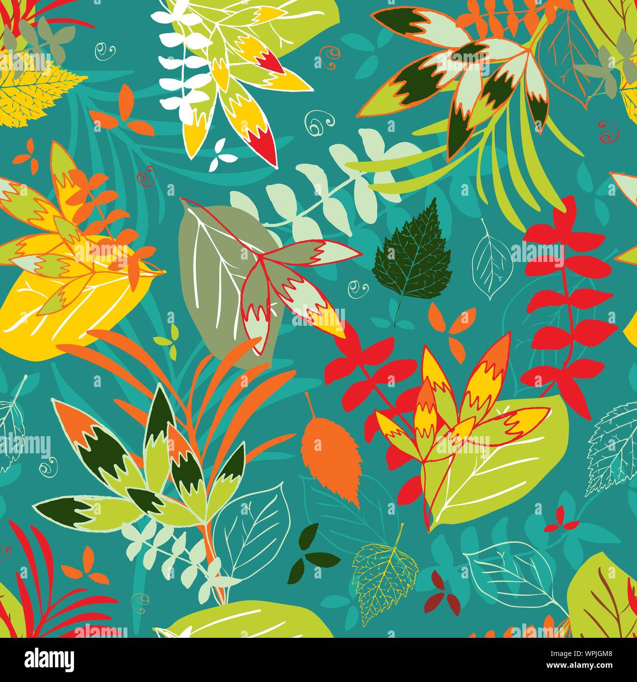 Colorful Hand Drawn Leaves In Complex Vector Repeated Surface Pattern ...