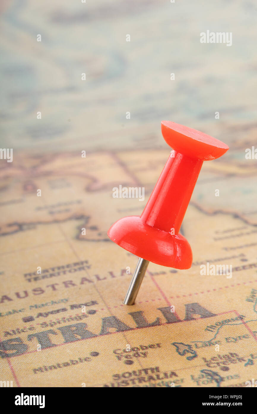 closeup destination and pin on the map Stock Photo - Alamy