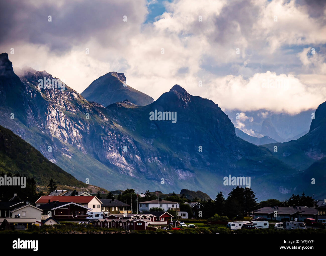 Dramatic landscape on E10 highway in Lofoten during sunset, North ...