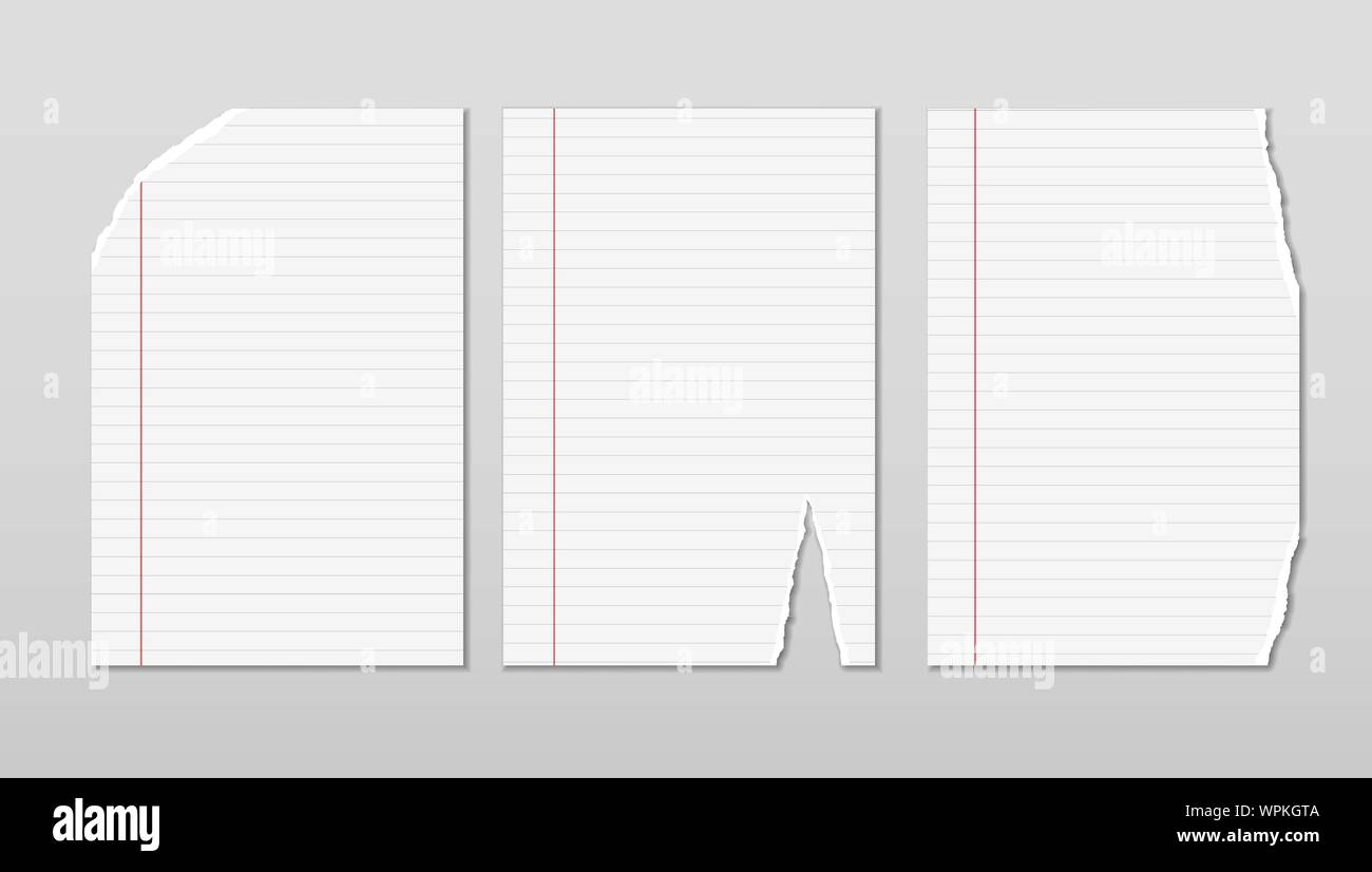 White ripped, lined notebook, copybook paper sheets are on grey ...