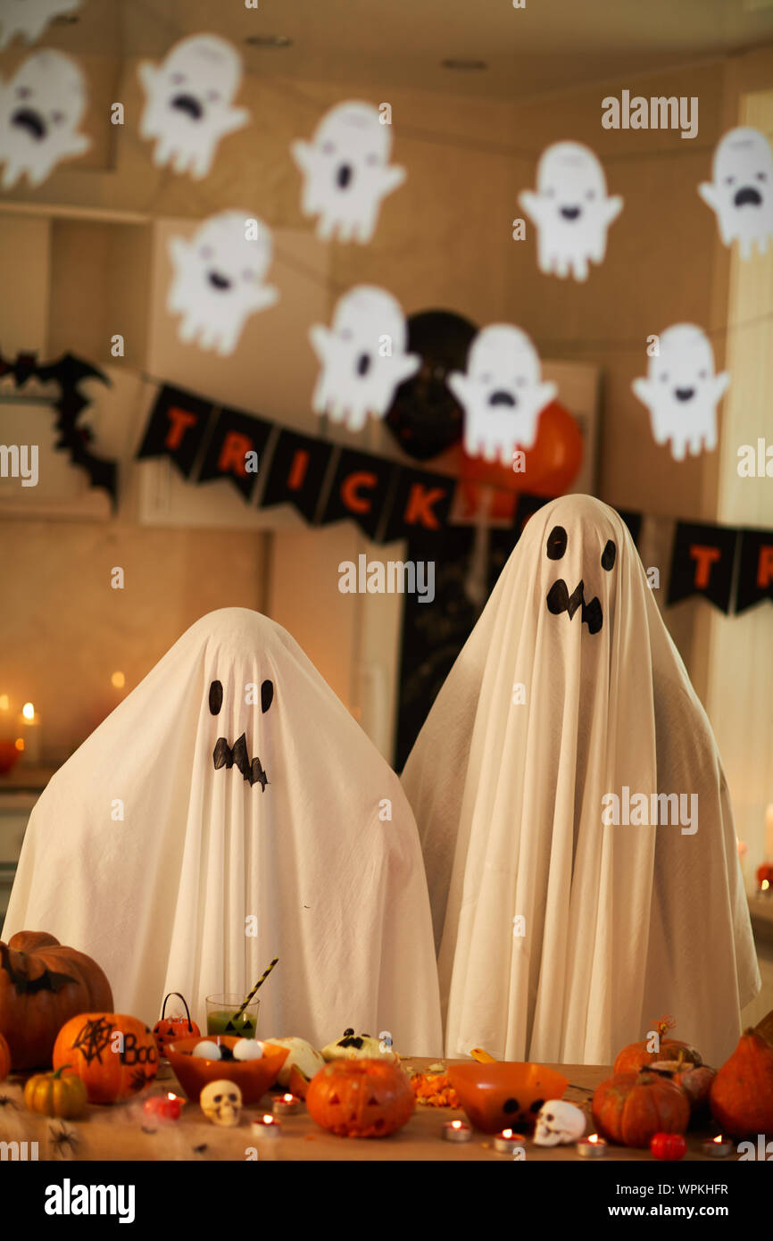 Portrait of two friends dressed in costumes of ghost standing in the ...