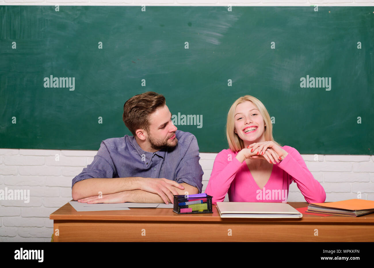 Student life. Lesson and blackboard. Teachers day. Couple of man and ...