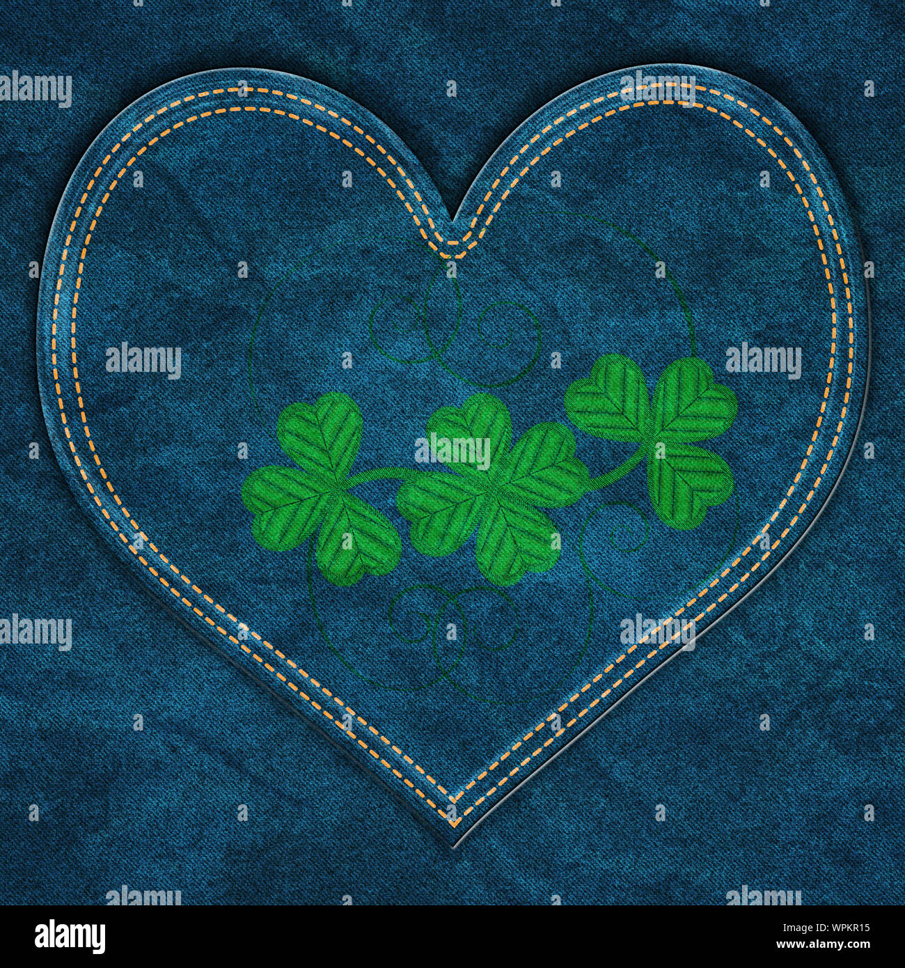 Green shamrock or clover embroidered on a denim background Stock Photo ...