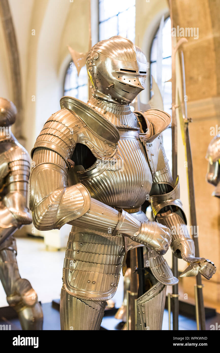 MUNICH, GERMANY - NOVEMBER 27, 2018 : The exposition of medieval armor ...