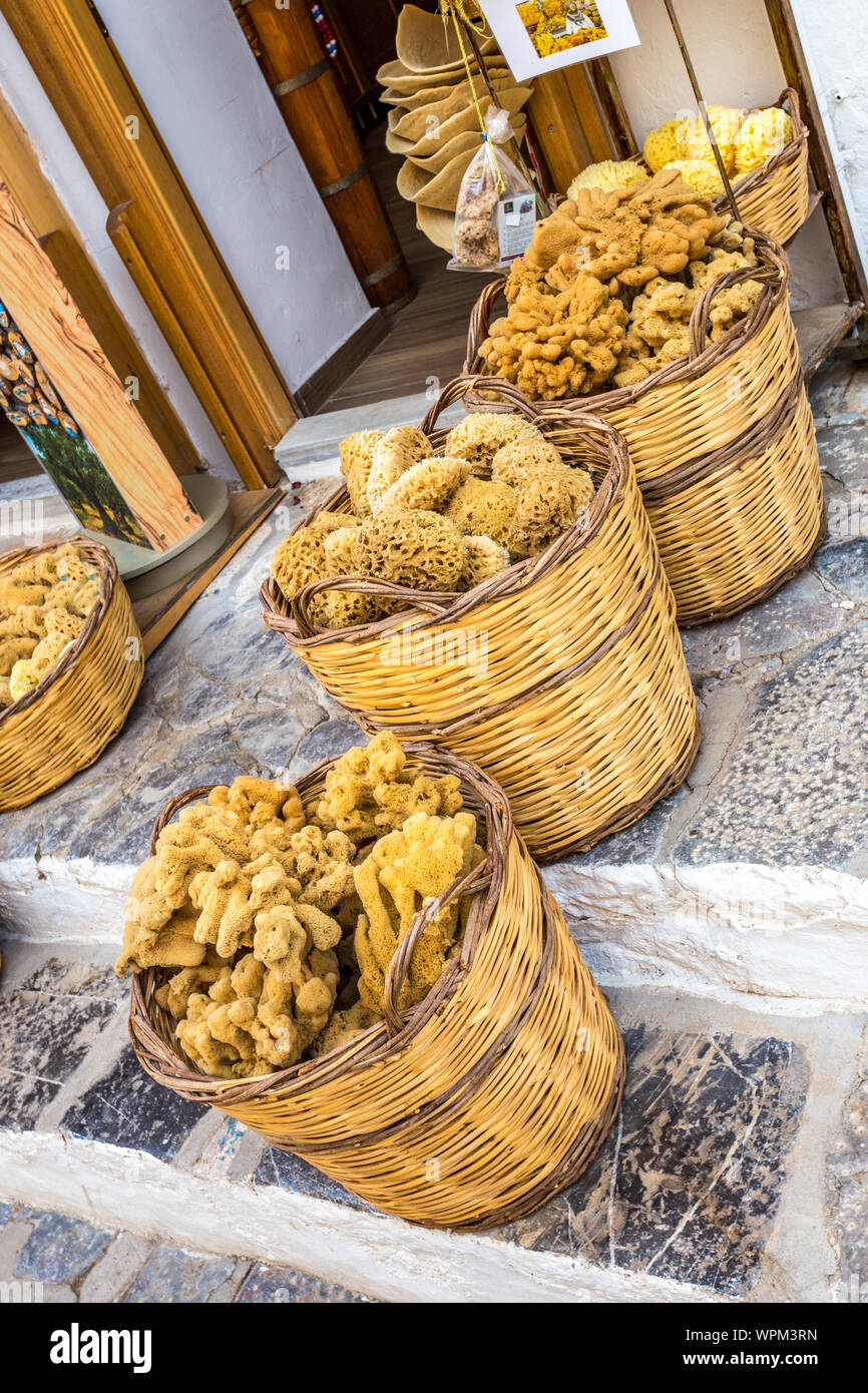 Sea sponge on display in street shop on Hydra island, Greece Stock ...