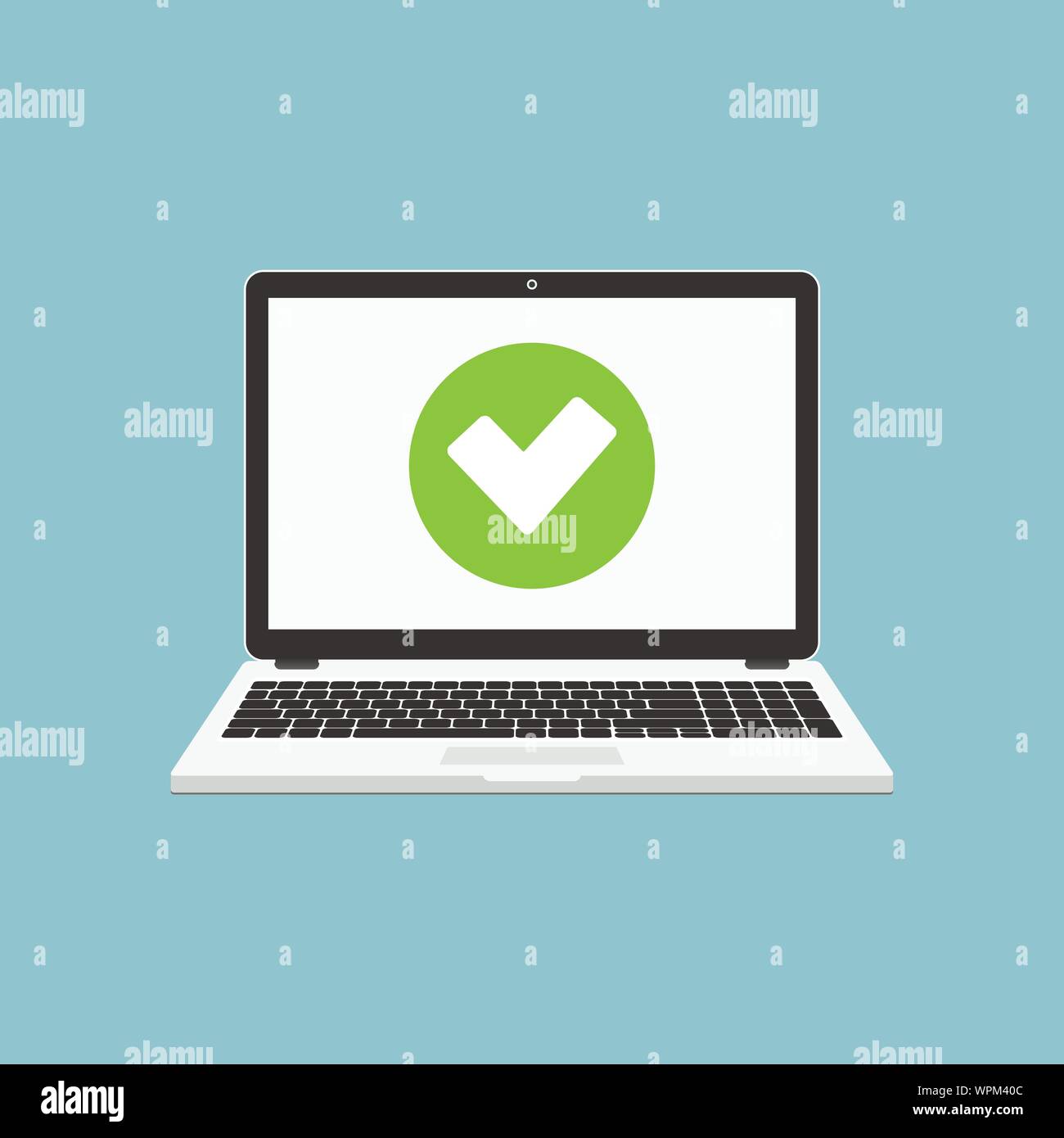 Check mark on laptop screen. Accept or approve checkmark. Flat design ...