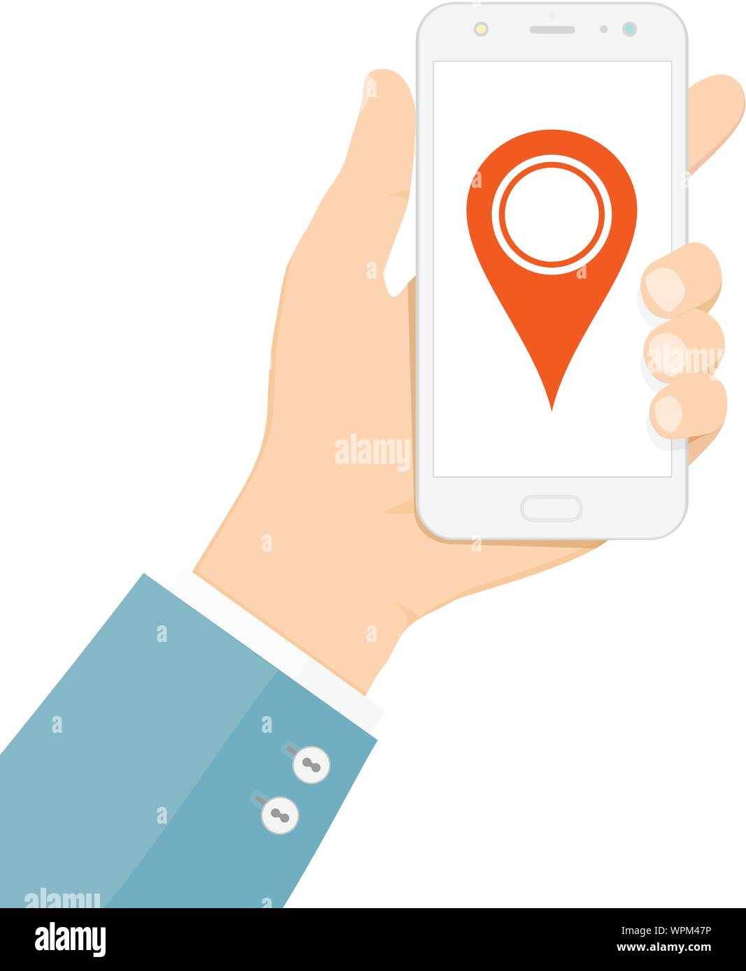Hand holding white smartphone with map point. Mobile navigation concept ...