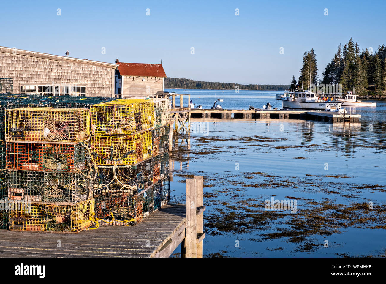 Lobster docks and pier piled high with traps in the quaint fishing ...