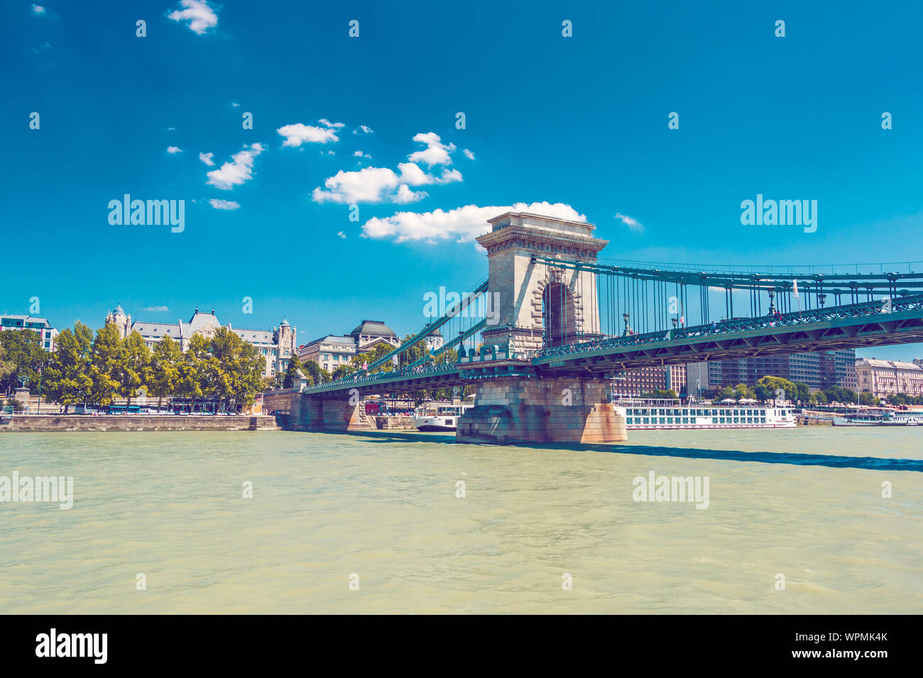 Chain bridge of Budapest above Danube river in Hungary, Szechenyi ...