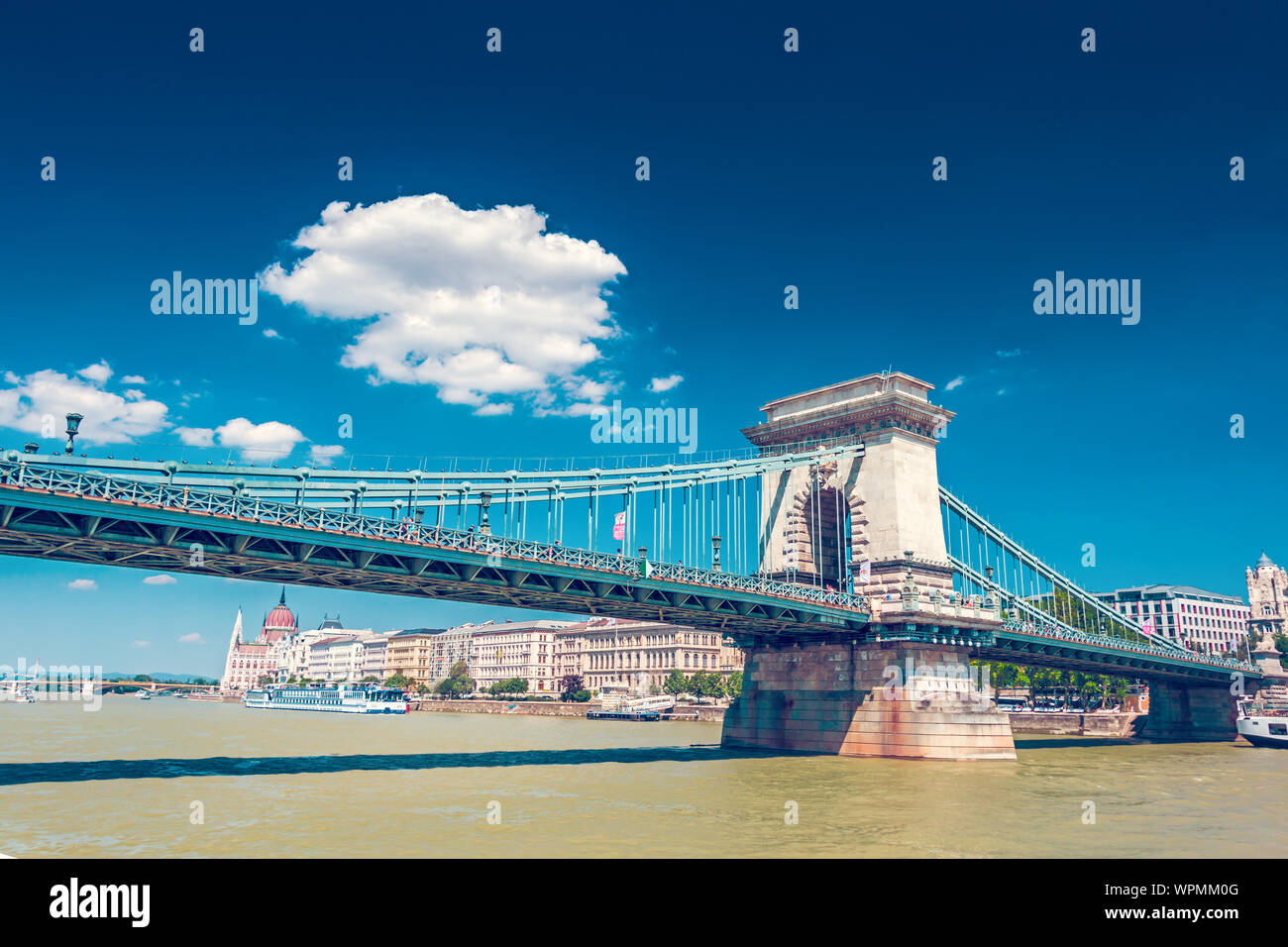 Chain bridge of Budapest above Danube river in Hungary, Szechenyi ...