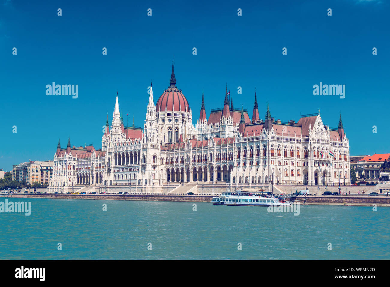 Parliament building of Budapest above Danube river in Hungary, neo ...