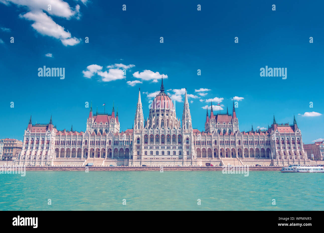 Parliament building of Budapest above Danube river in Hungary, neo ...