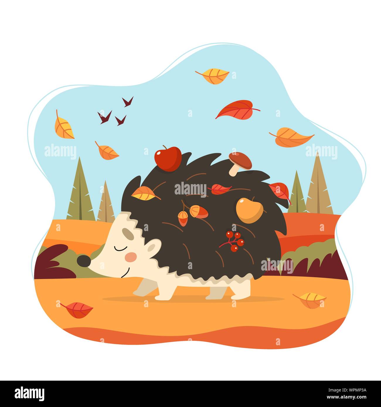 Cute hedgehog with autumn forest background. Hedgehog with apples ...