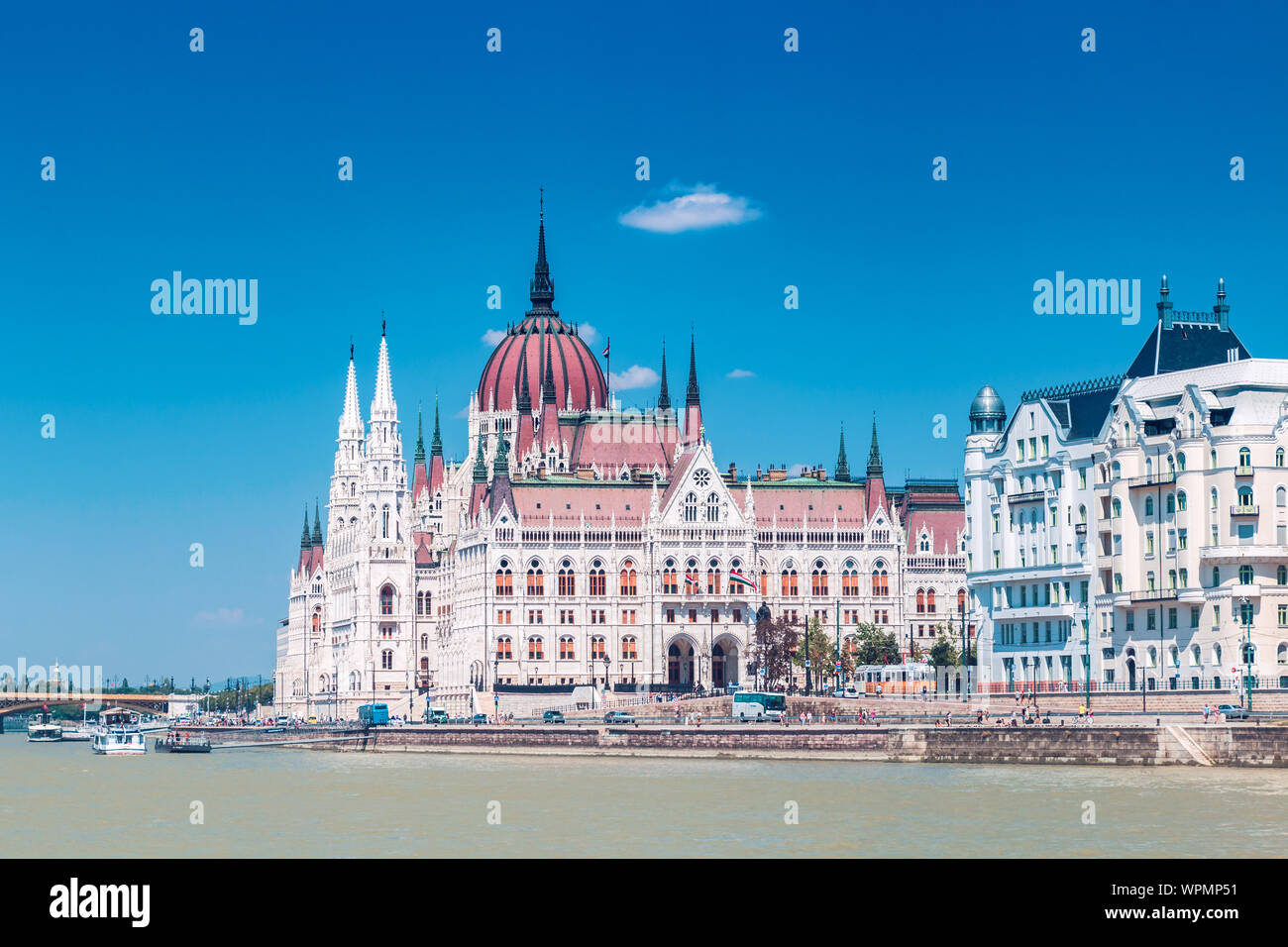 Parliament building of Budapest above Danube river in Hungary, side ...