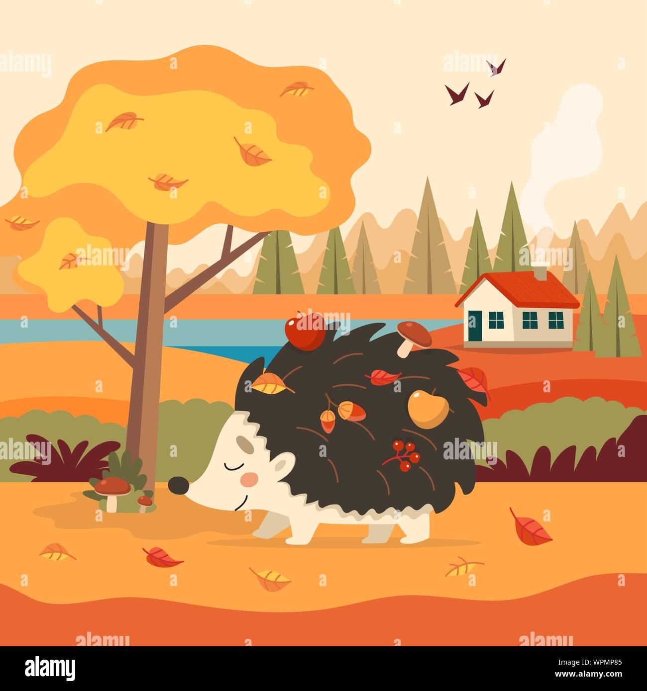 Cute hedgehog with autumn background with tree and a house. Hedgehog ...