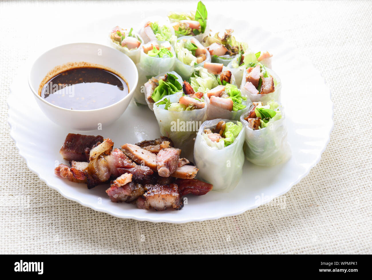 Fresh assorted Asian spring rolls with grilled pork, fresh vegetable ...
