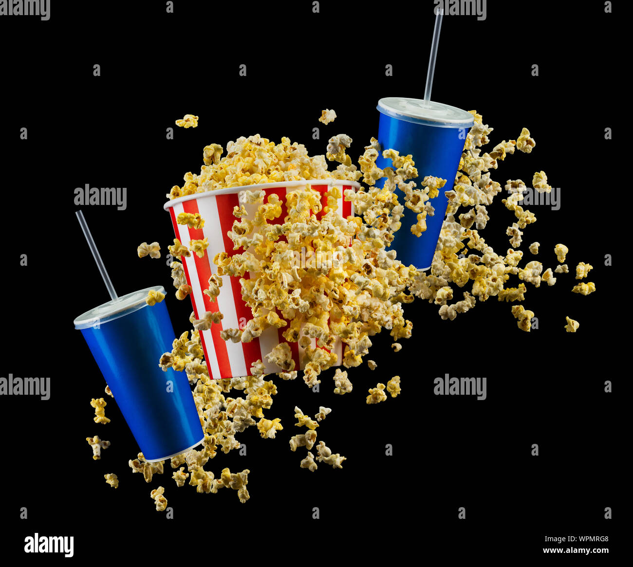 Set of paper striped bucket with popcorn and cup of soft drink isolated ...