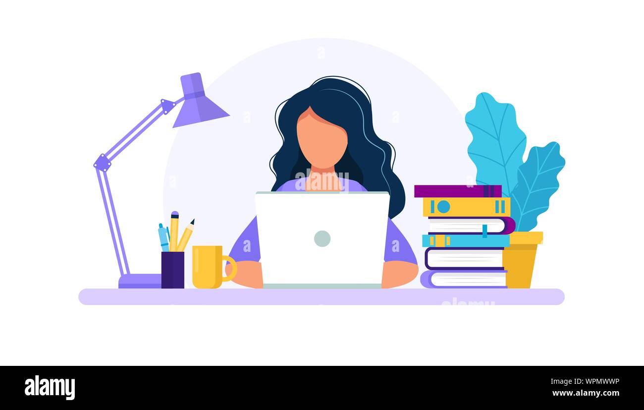 Woman with laptop, studying or working concept. Table with books, lamp ...