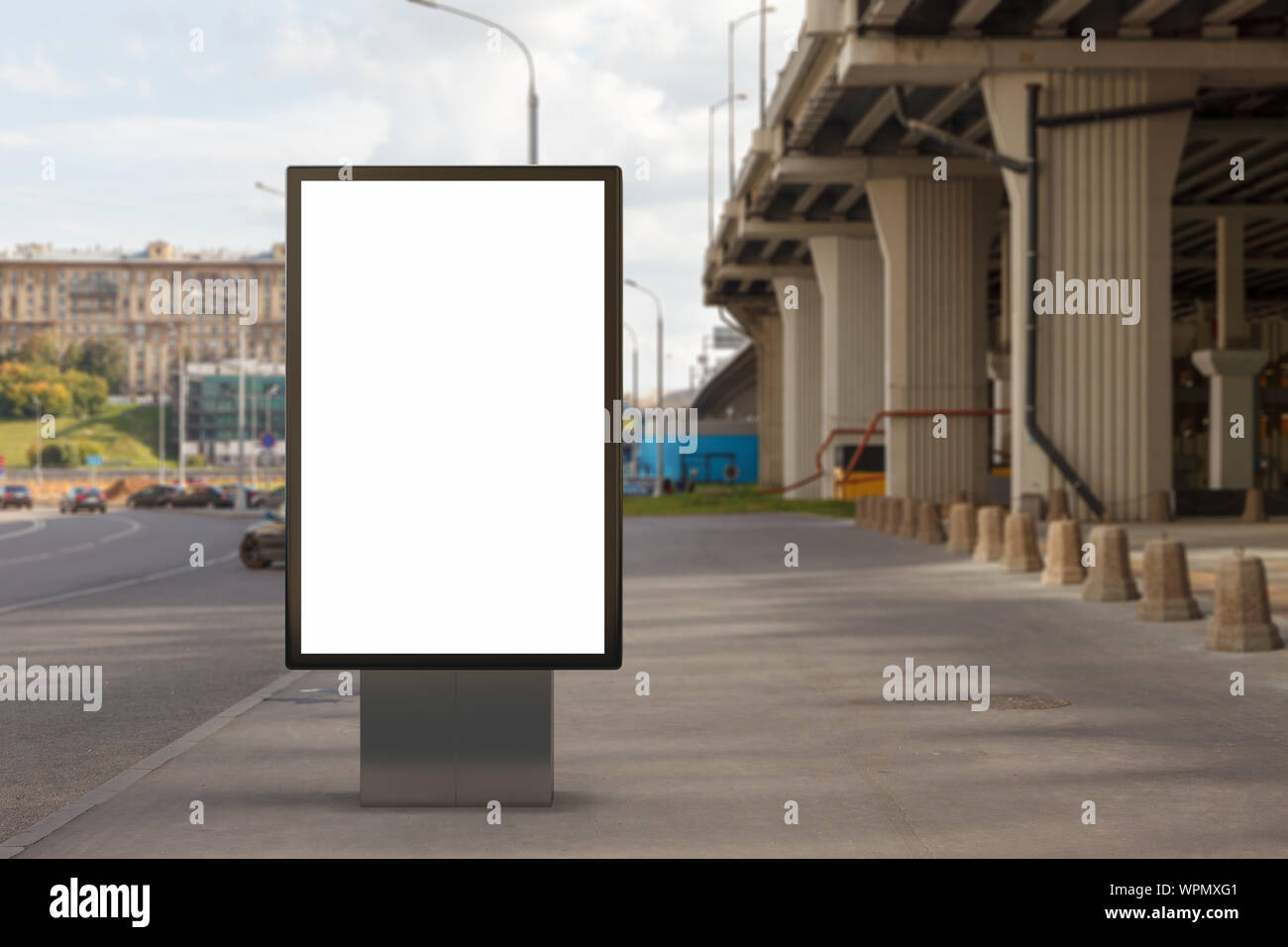 Blank street billboard poster stand mock up on city highway background ...